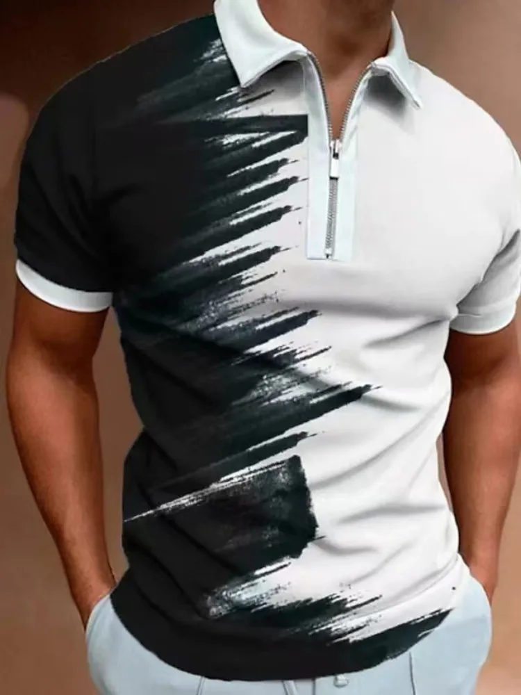 Men Summer New Polo Shirt Breathable Printed Short sleeved Lapel Zipper Polo Shirt Business ...