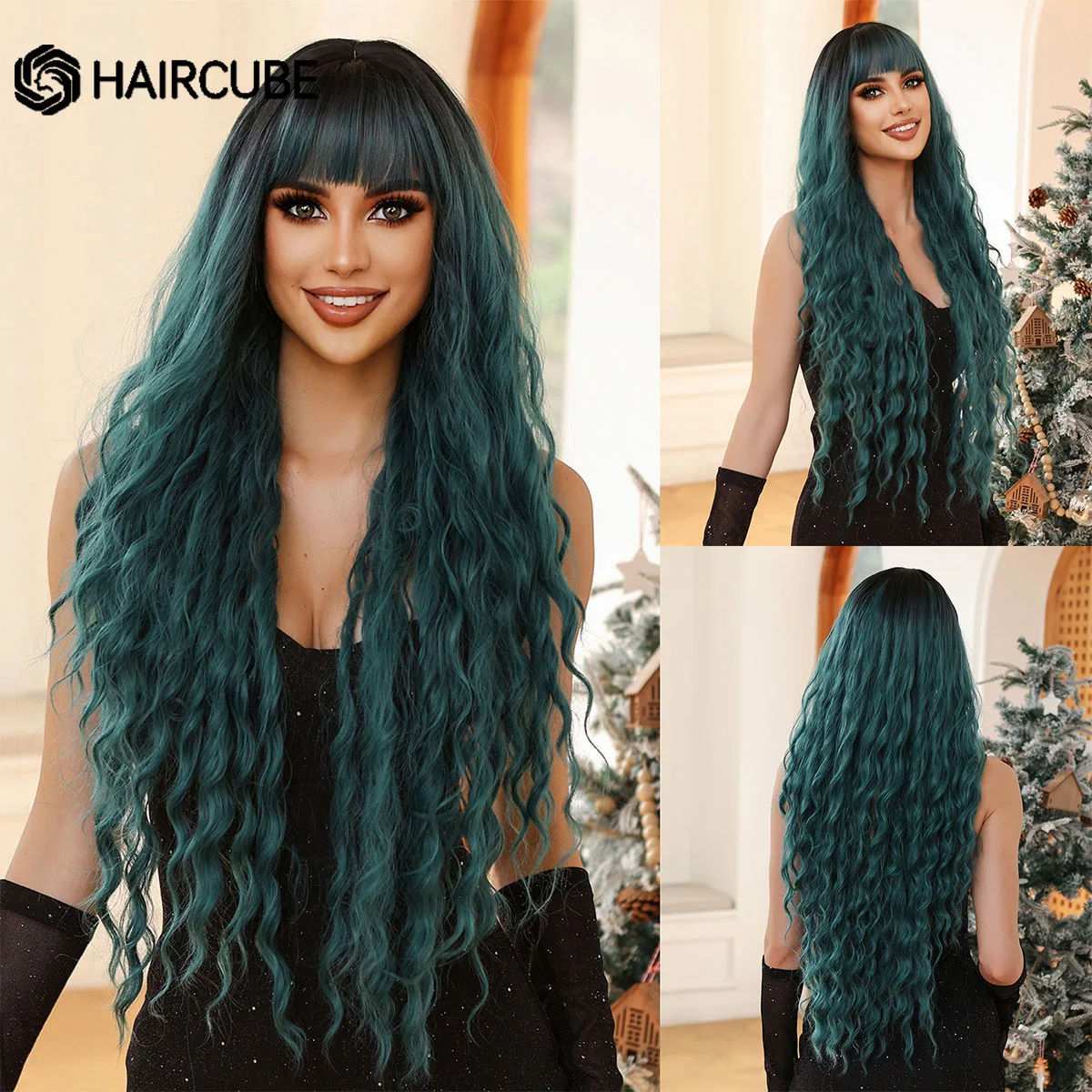 HAIRCUBE-Long-Green-Wave-Synthetic-Wigs-With-Bangs-Natural-High ...