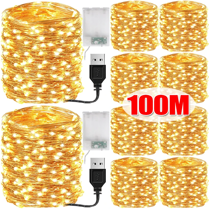 100-2M-Copper-Wire-LED-String-Light-USB-Battery-Operated-Garland-Fairy ...