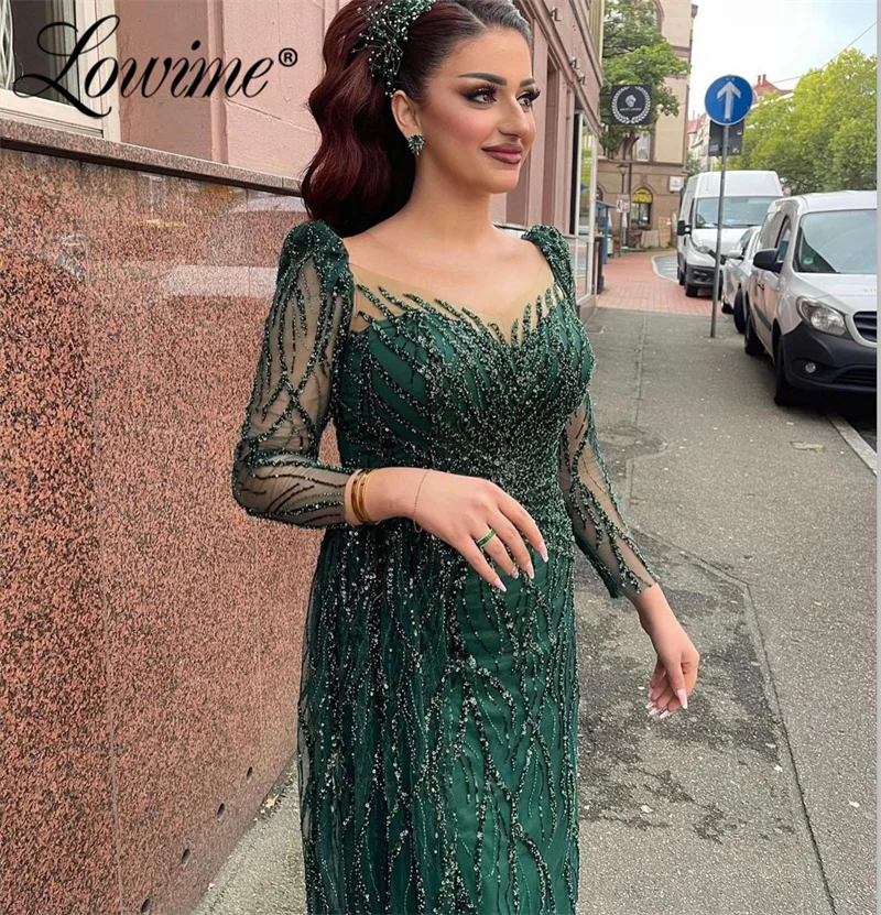 Green-Evening-Dress-With-Detachable-Train-Women-Arabic-Long-Sleeve ...
