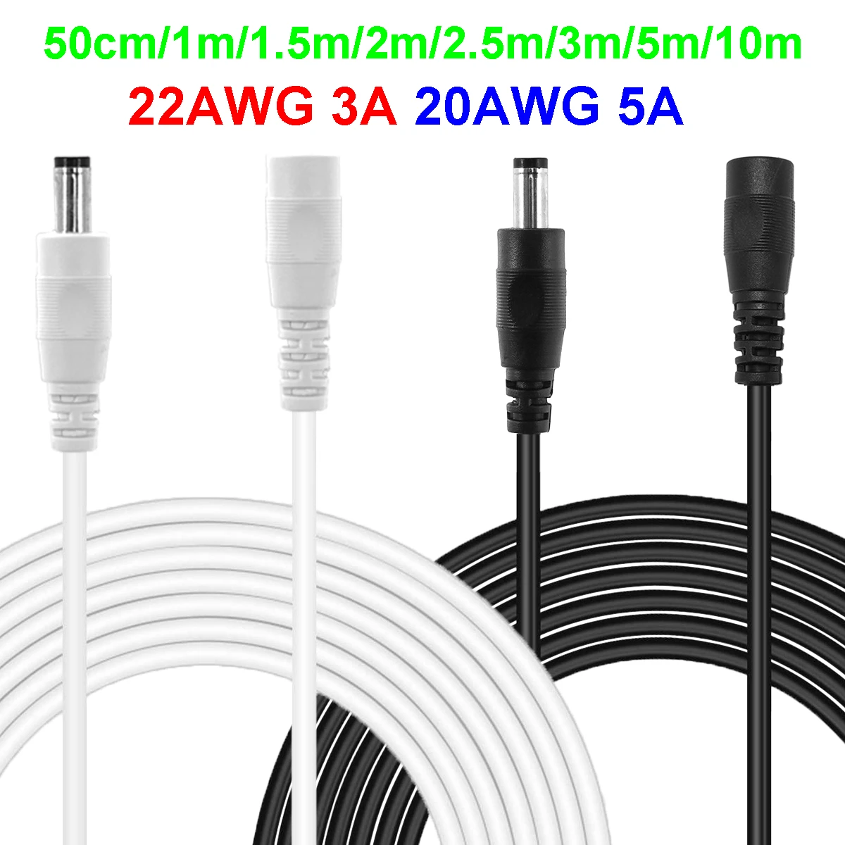 CCTV 카메라 LED 스트립 조명 라우터 모니터용 DC 연장 케이블, 암수 잭 전원 어댑터 코드, 5V, 12V, 3A, 5A ...