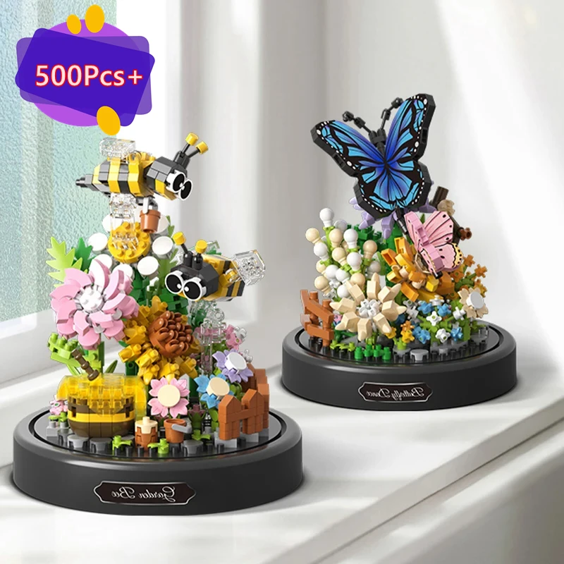 Flower-Bonsai-Building-Blocks-Bee-Butterfly-Insect-Plant-Potted-Model ...