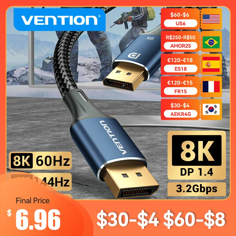 Vention DisplayPort 1.4 kablosu 8K 60Hz 4K HDR 165Hz ekran portu ses ...