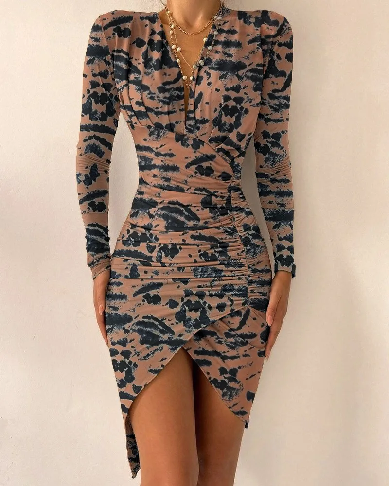 Printed V Neck Pleated Tunic Slit Irregular Sexy Party Bodysuit Dress