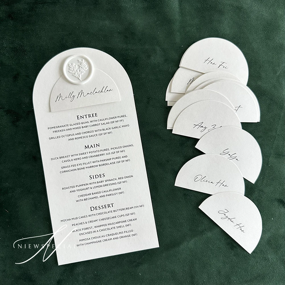 Arch-Wedding-Menu-Card-with-Wax-Seal-and-Semicircular-Guest-Name-Tags ...