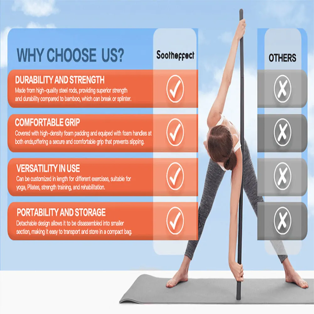Pilates Bar 5ft Adjustable Yoga Stretching Stick With 4 Steel Rods ...
