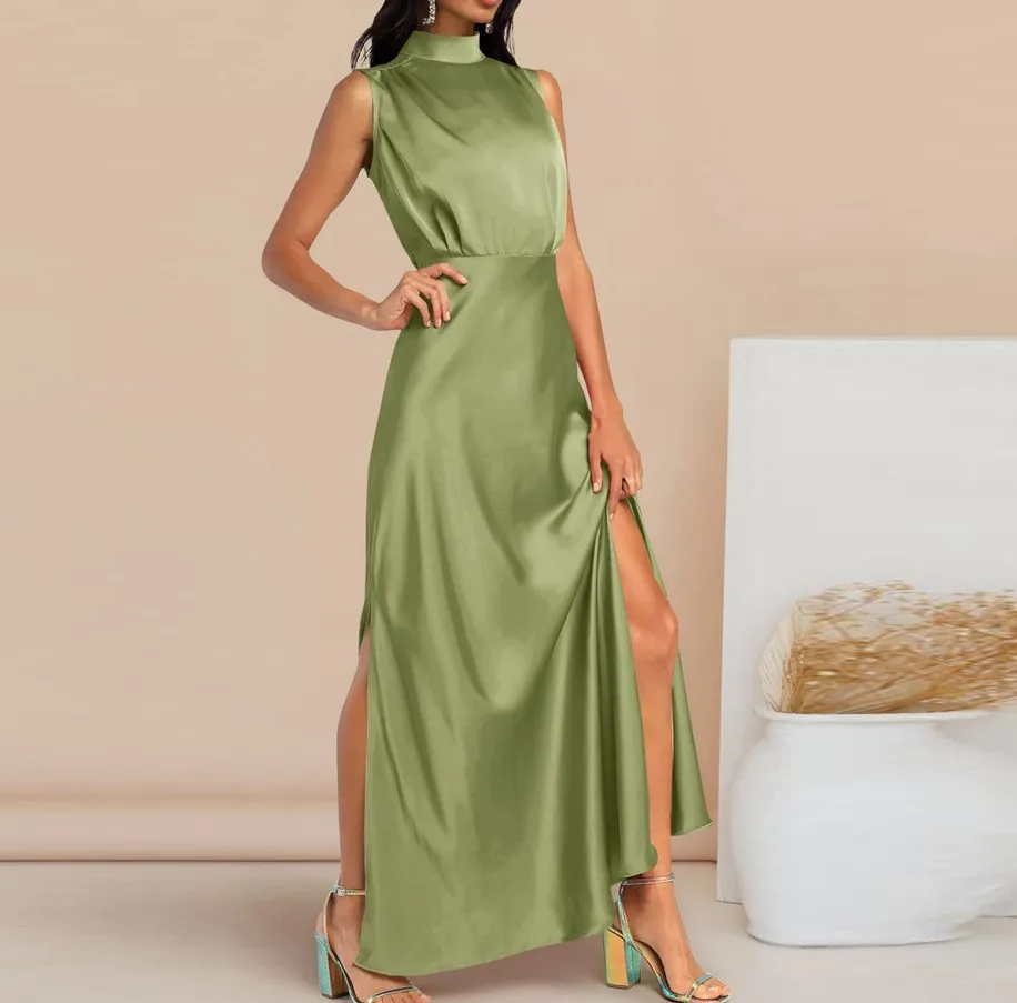 Robe,robe de soirée légère en satin pour femmes,haut de gamme,sans manches,col montant,célébrité ...