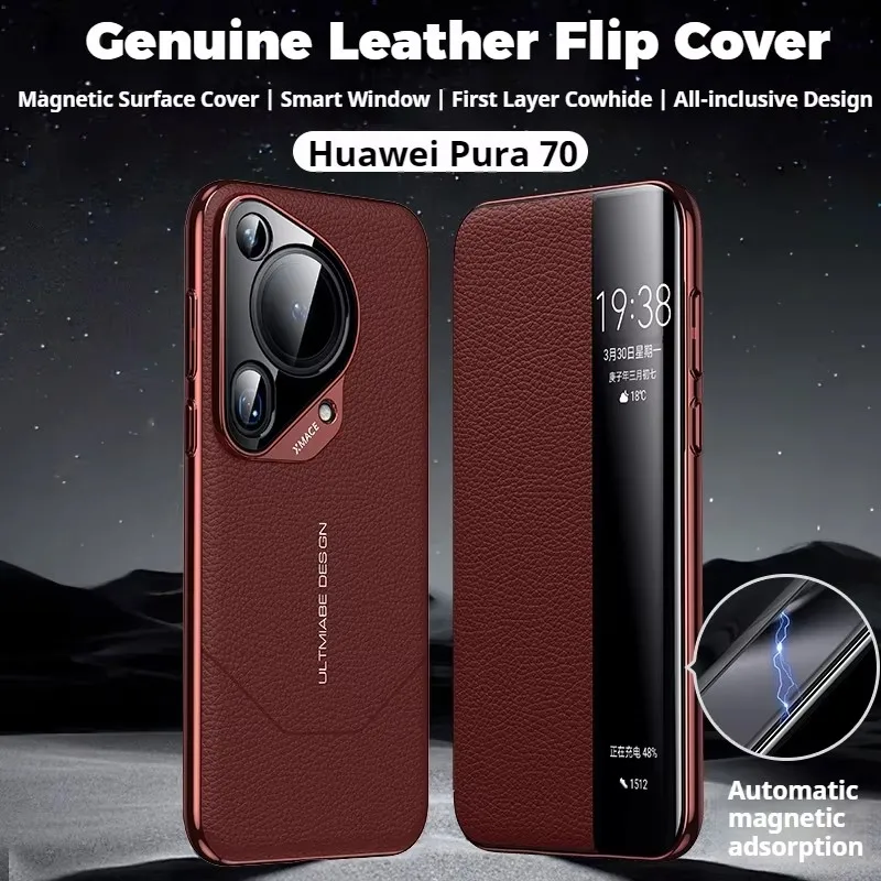 Funda con tapa de cuero genuino para HUAWEI Pura 70 Pro Ultra Smart ...