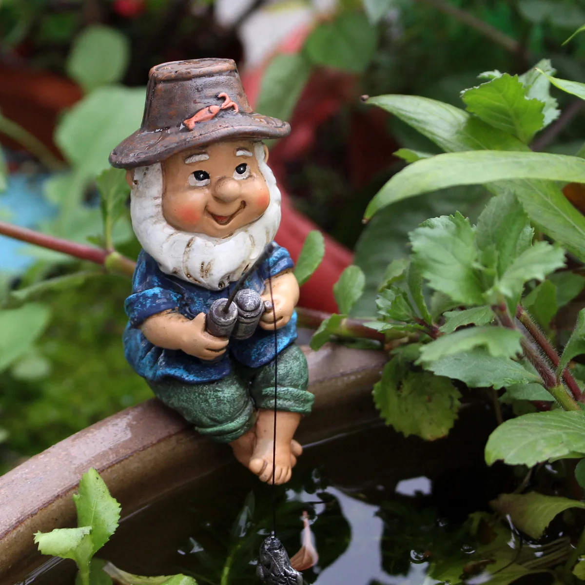 Mini Gnome Fisherman Resin Statue Creative Rope Fishing Turtle Statue ...
