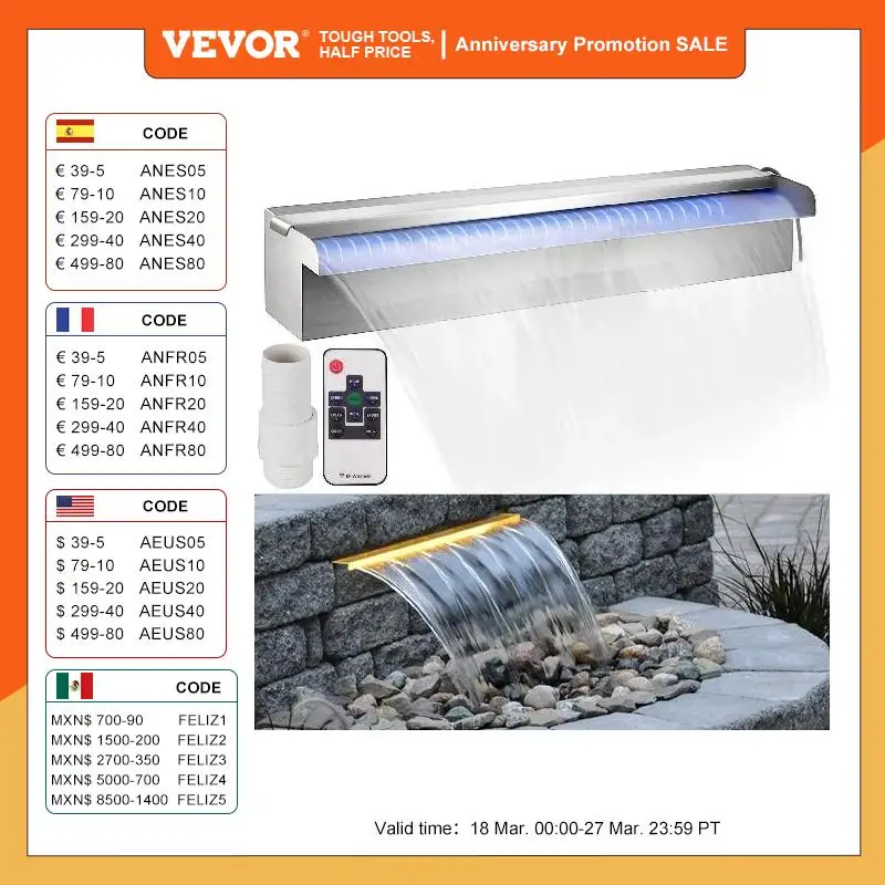 VEVOR-450MM-Pool-Fountain-Waterfall-With-Light-Water-Pipe-Acrylic ...