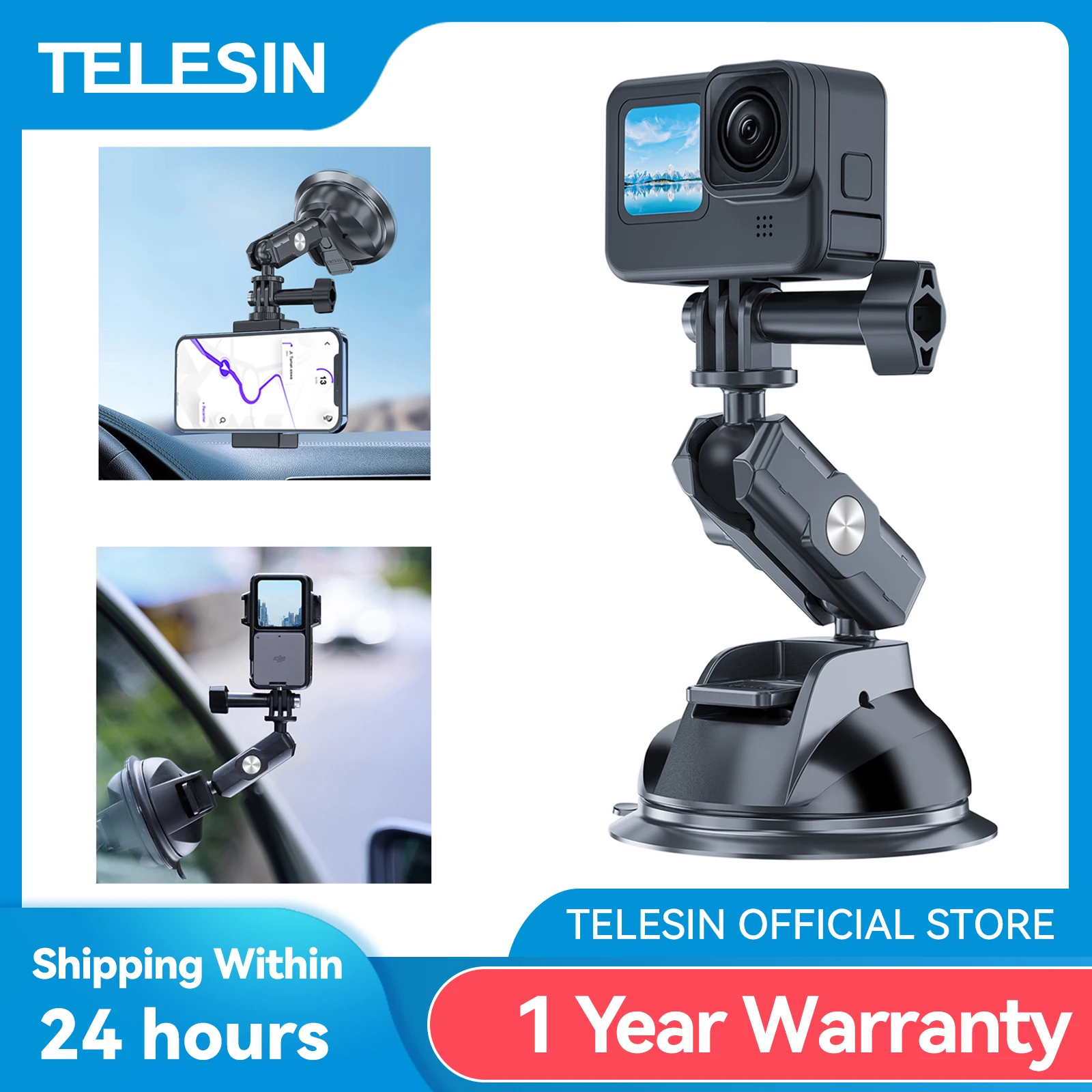 Telesin 자동차 전화 액션 카메라 홀더 흡입 컵 360 조정 가능한 14 표준 어댑터 Gopro Insta360 Dji 액션 스마트 폰스포츠 캠코더 케이스