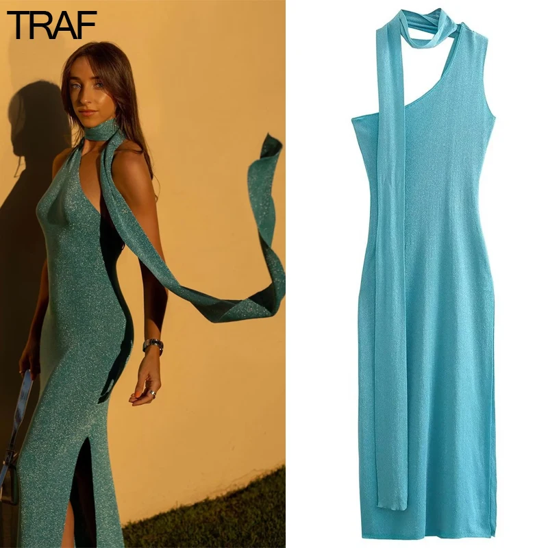 TRAF-vestido-Midi-asim-trico-para-mujer-prenda-de-seda-brillante-con ...