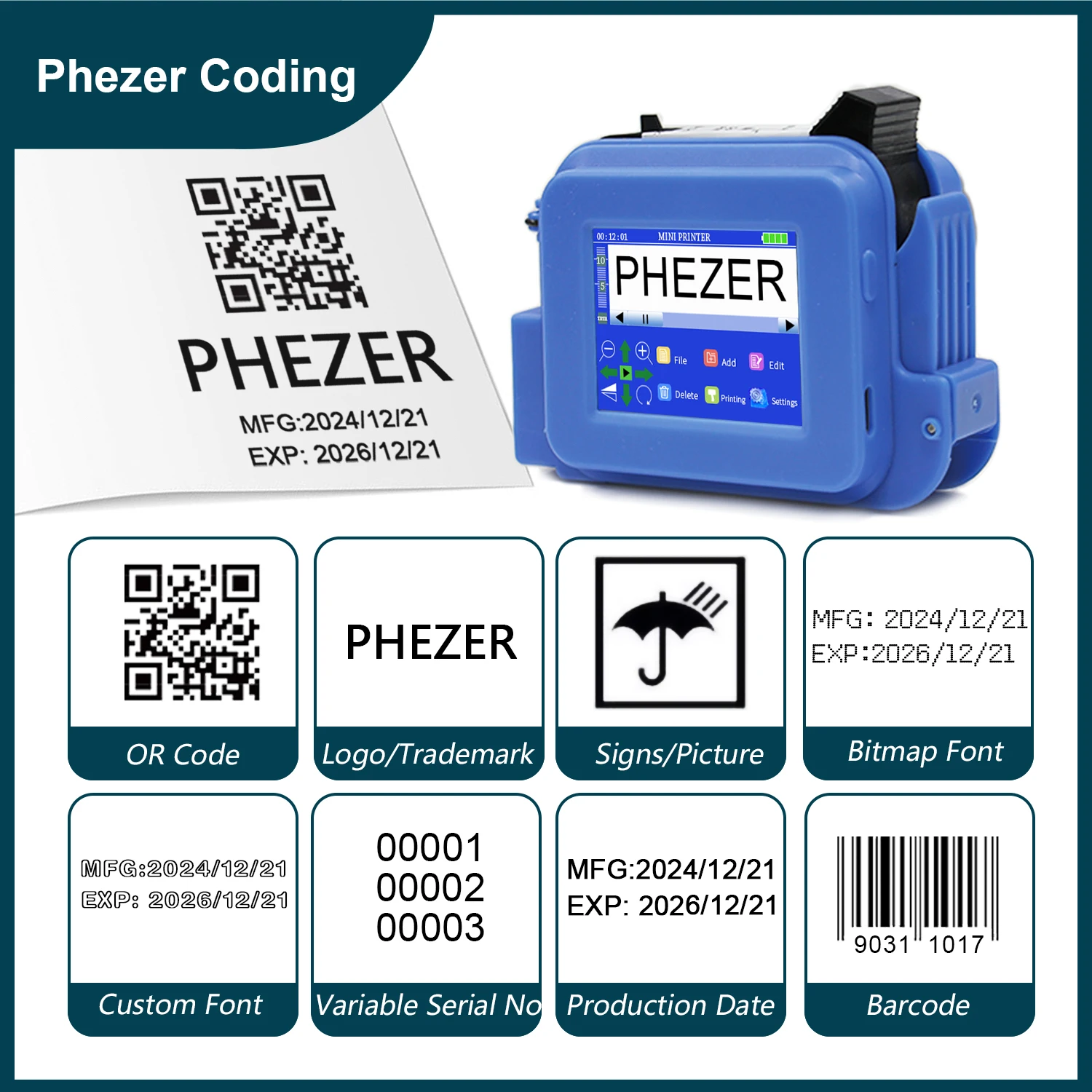 Phezer-PC13plus-12-7mm-Mini-Printer-Portable-Printer-QR-Bar-Batch-Code ...