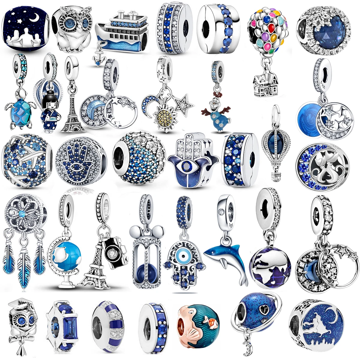 925-Sterling-Silver-Blue-series-moon-Plane-Space-series-Glass-Beads-Clip-Charm-Fit-Original ...