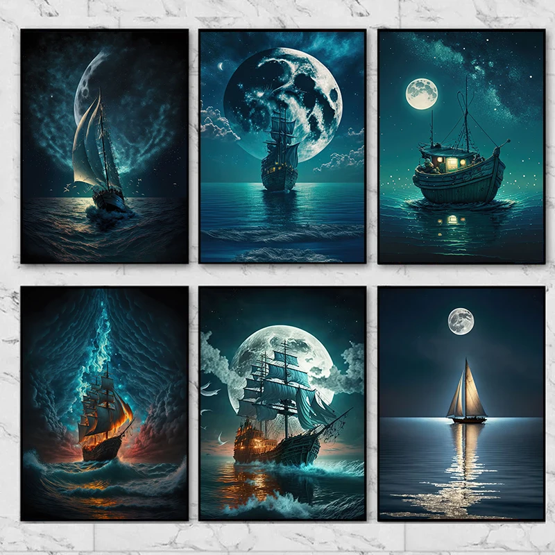 Vintage-Sailing-Ship-Sea-Seascape-Boat-Moon-Night-Poster-Black-Pirate ...