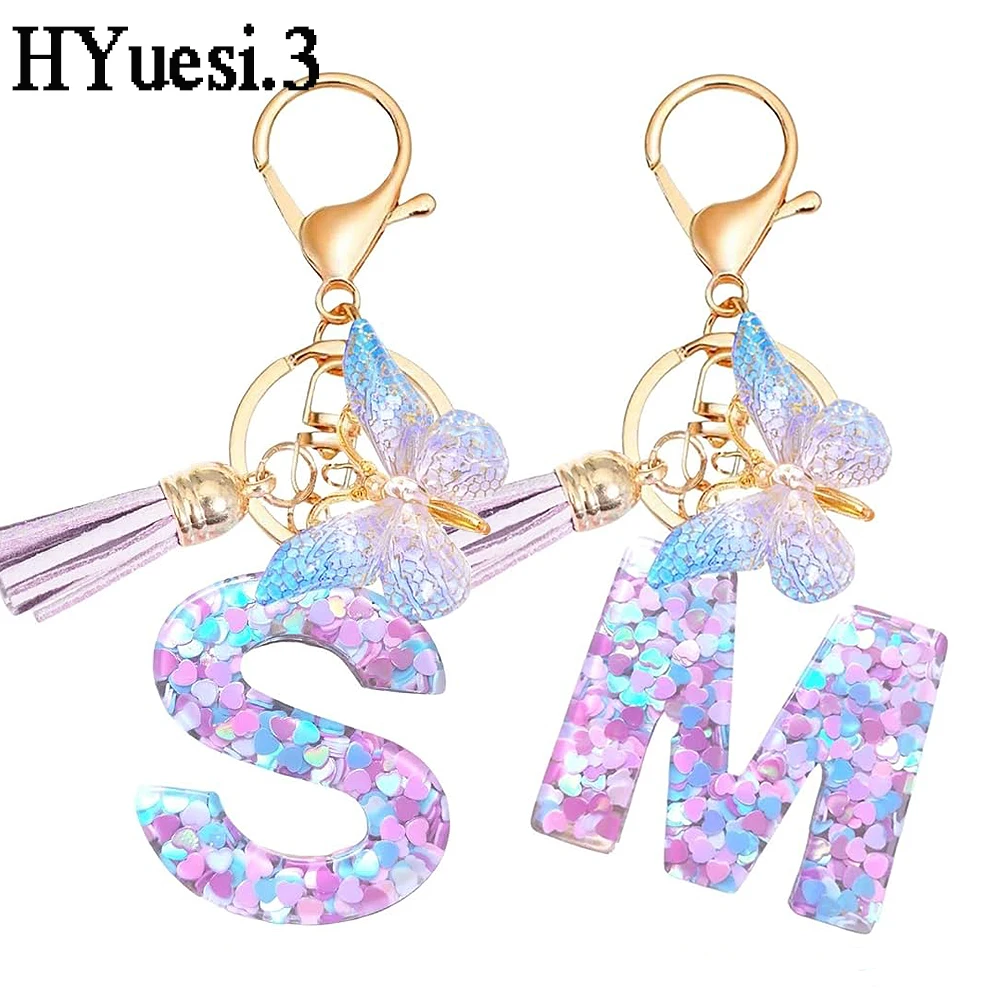 Purple-Blue-Resin-Letter-Keychain-A-Z-Heart-Sequins-Filled-Initials-Key ...