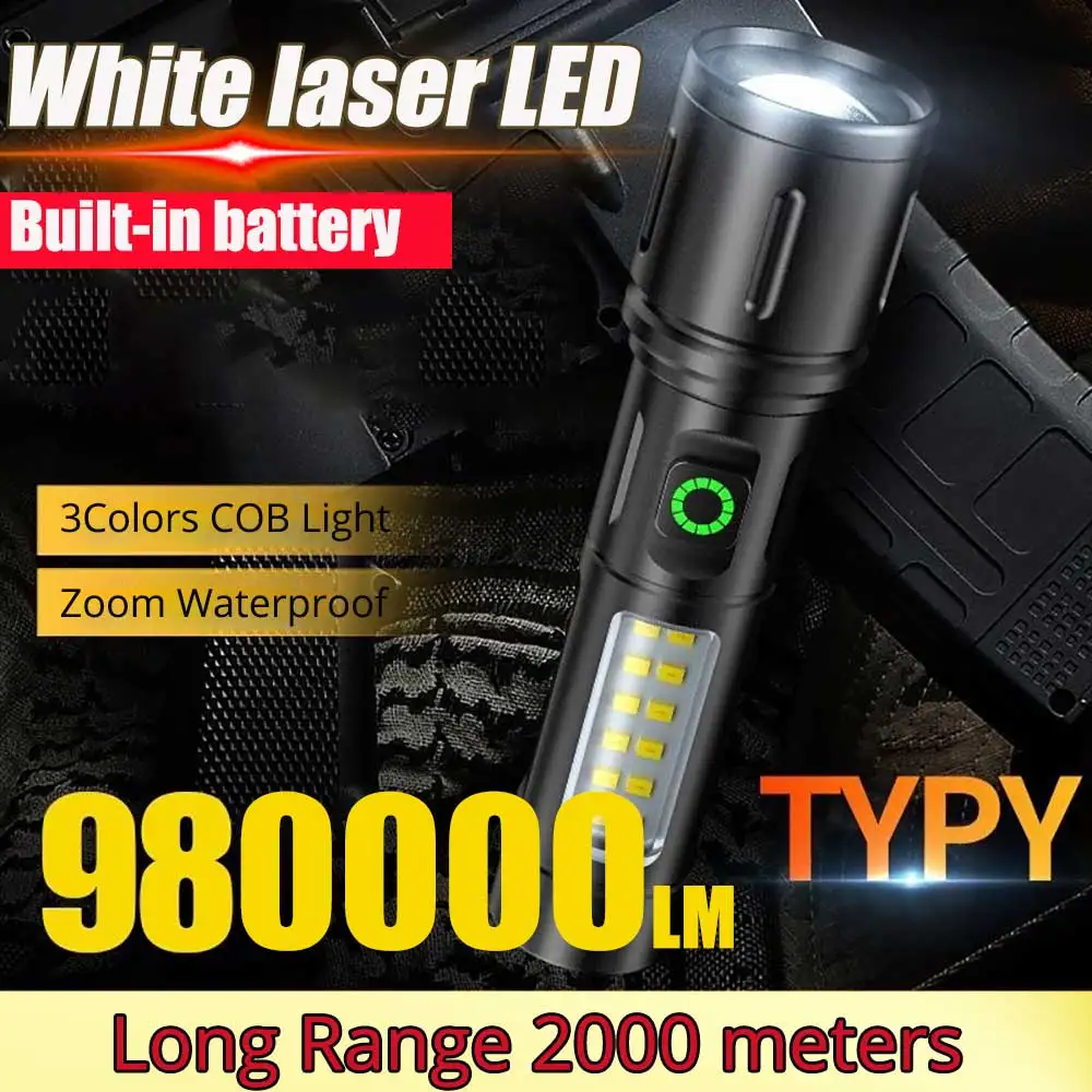 2024New-60W-White-Laser-Most-Powerful-LED-Flashlight-Built-in-battery ...