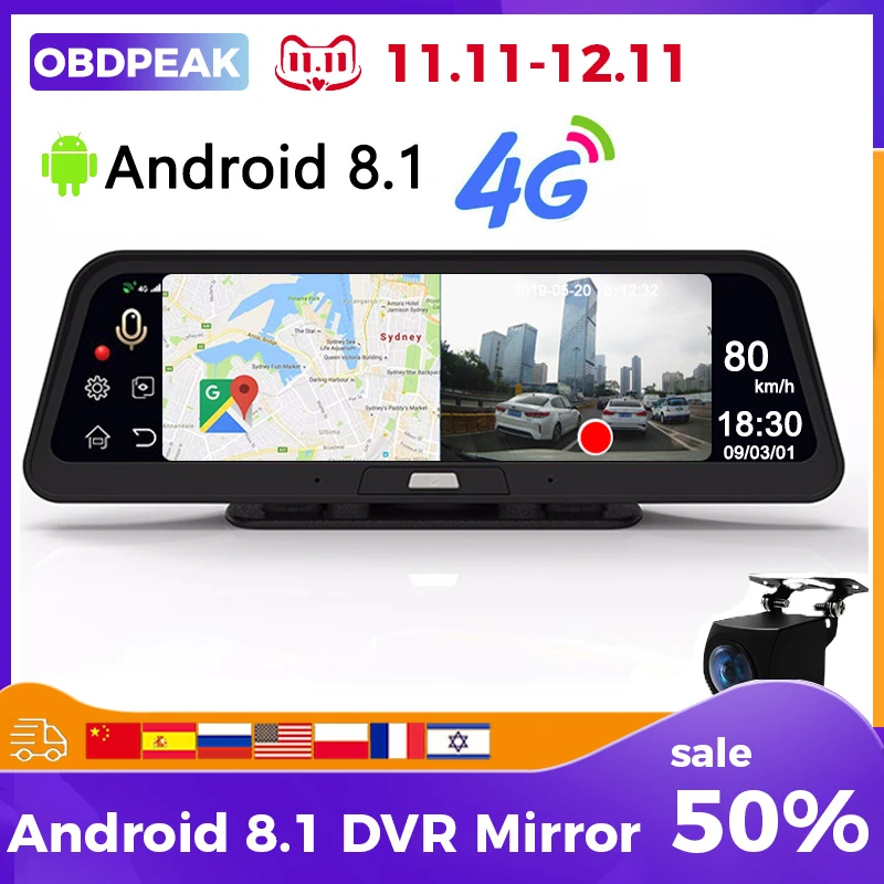 Car Dvr 4g 4 Channel Adas Android 10" Center Console Mirror Gps Wifi ...