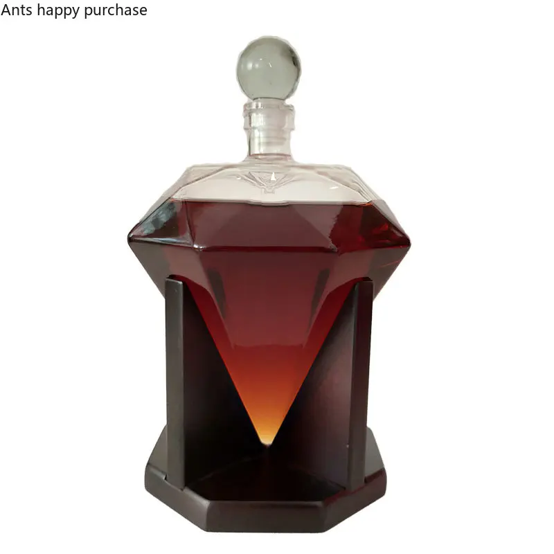 Diamond Shaped Glass Bottle with Wooden Base Thickened Glass Pitcher ...