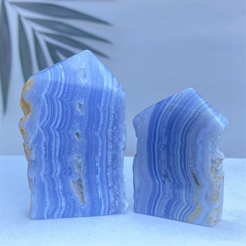 Natural Gem Blue Lace Striped Agate Crystal Tower Magic Wand Leaf Shape ...