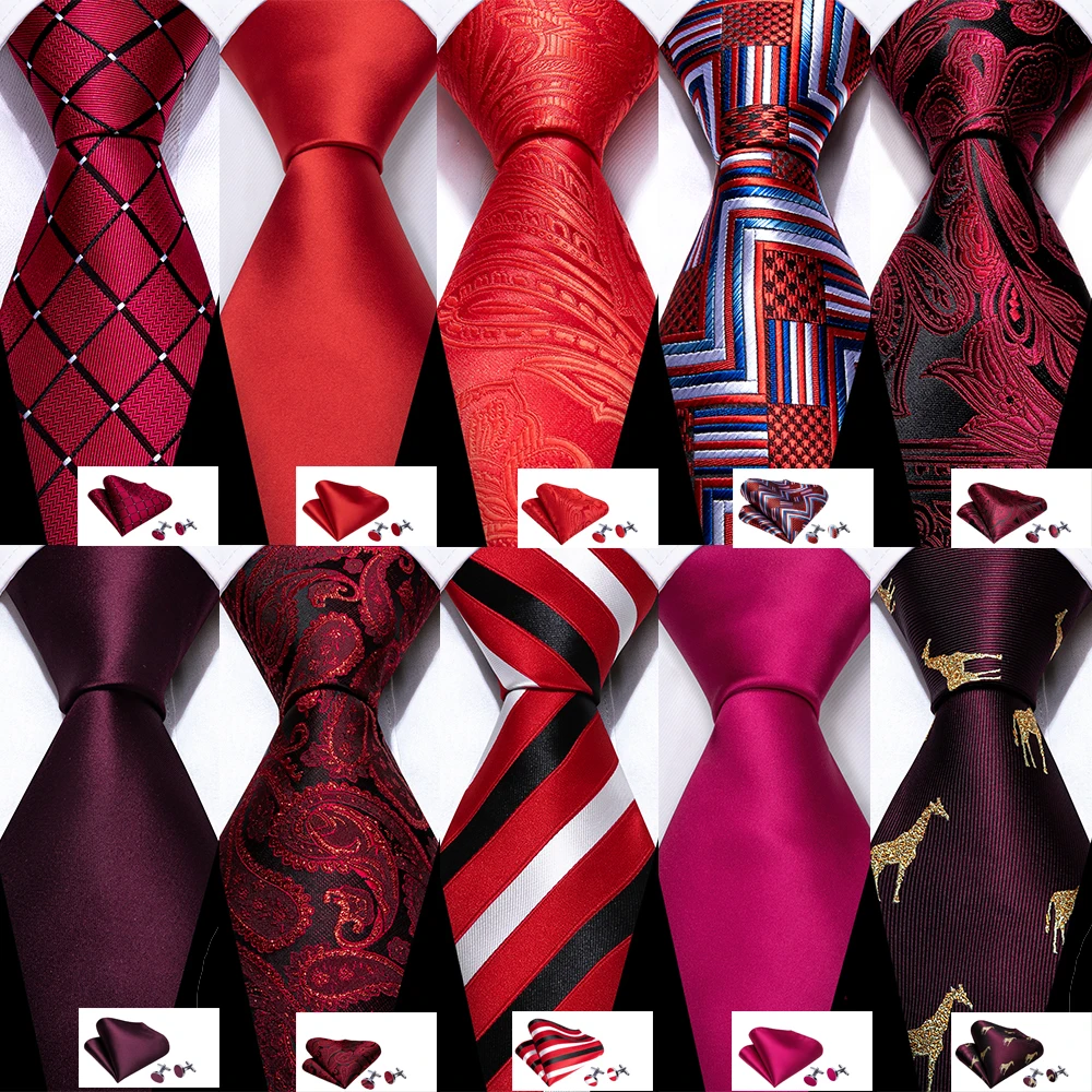 Fashion Silk Men Tie Set Red Burgundy Solid Paisley Striped Plaid Floral Necktie Handkerchief ...