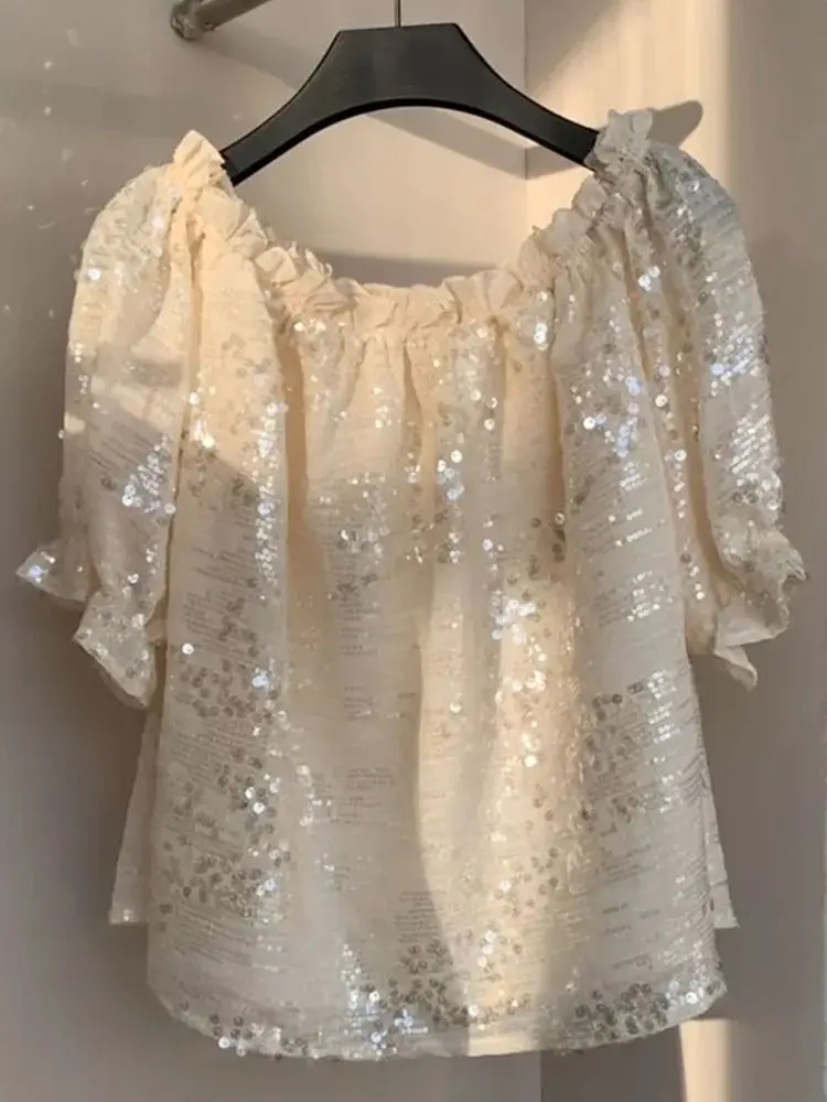 Blusas-Mujer-Loose-Heavy-Industry-Sequins-Shirts-Chemise-Femme-Lady ...