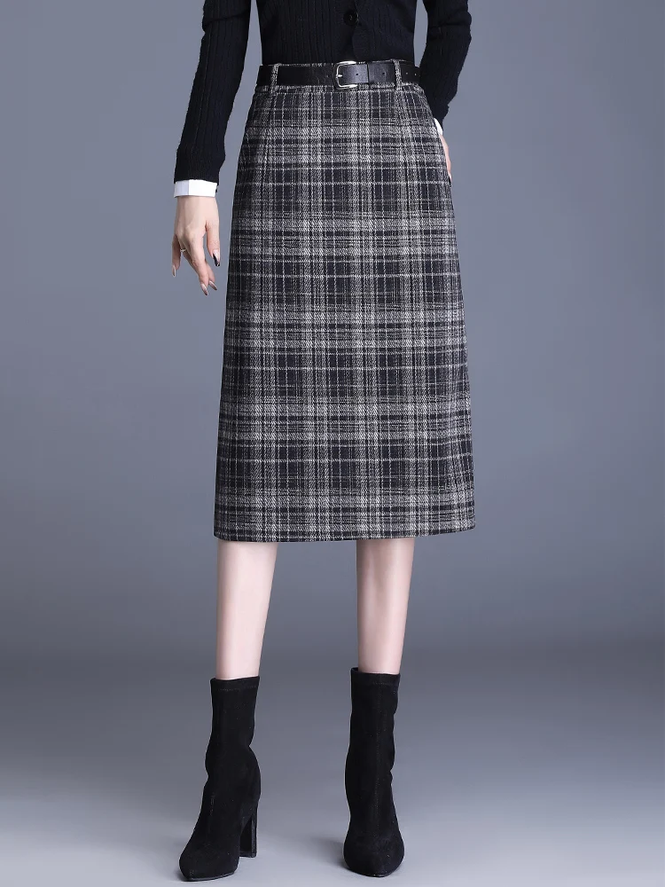 New 2022 Woolen Mid Long Skirts Women Black Brown Grid High Waist ...