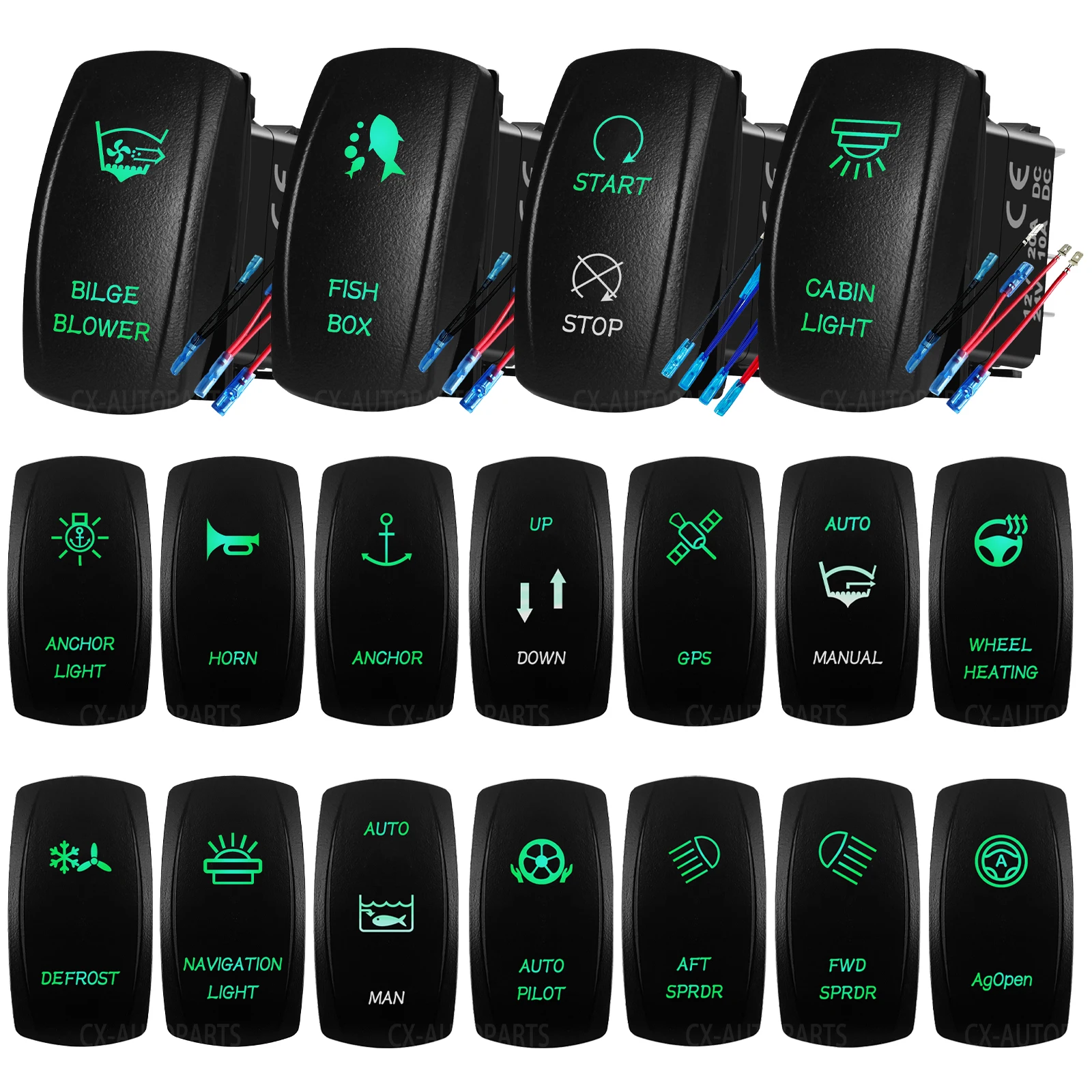 Marine Grade Rocker Switch 12V 20A Waterproof IP66 SPST / DPDT Green ...