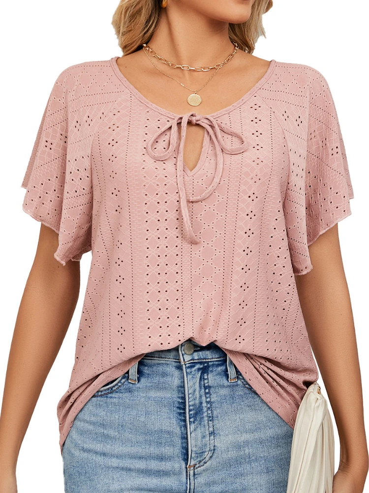 Women Short Sleeve Solid Round Neck Lace Up T Shirt Tops| | - AliExpress