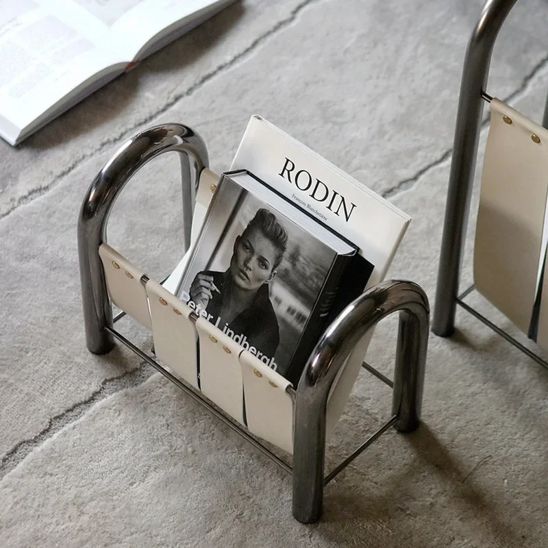 Modern Metal Leather Magazine Rack Bookshelf Decor Luxury Leather ...