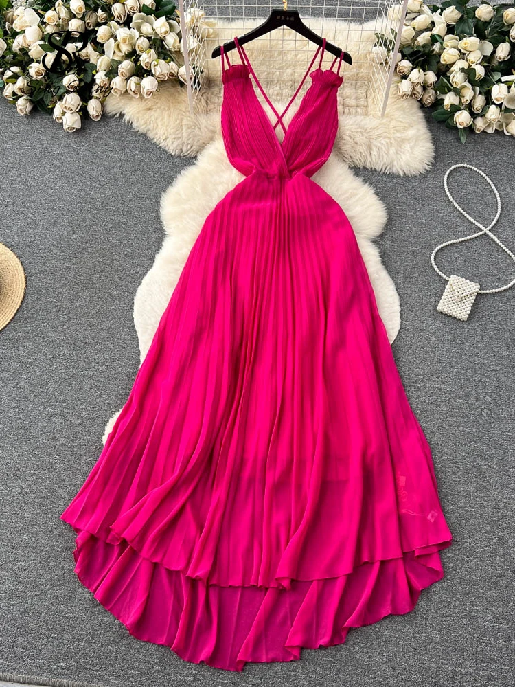 SINGREINY Summer Sexy A Line Dress Deep V Neck Sling Cross Ruffles Backless Pleated Solid Women ...