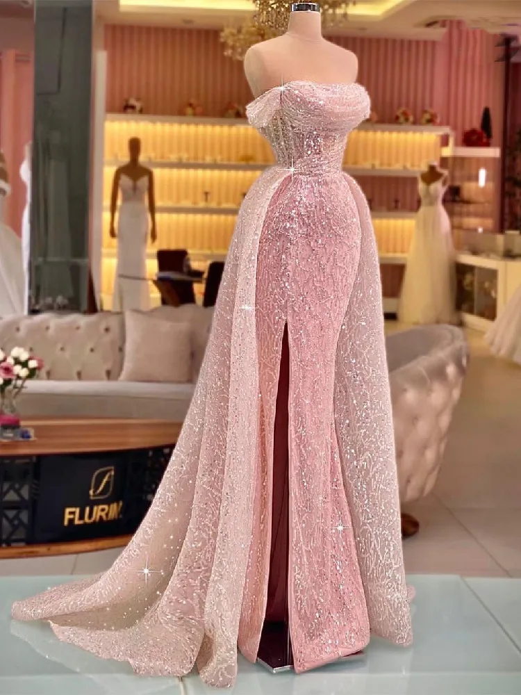 Shiny-Prom-Dress-Strapless-Sleeveless-Bateau-Bling-Sequins-Side-Slit ...