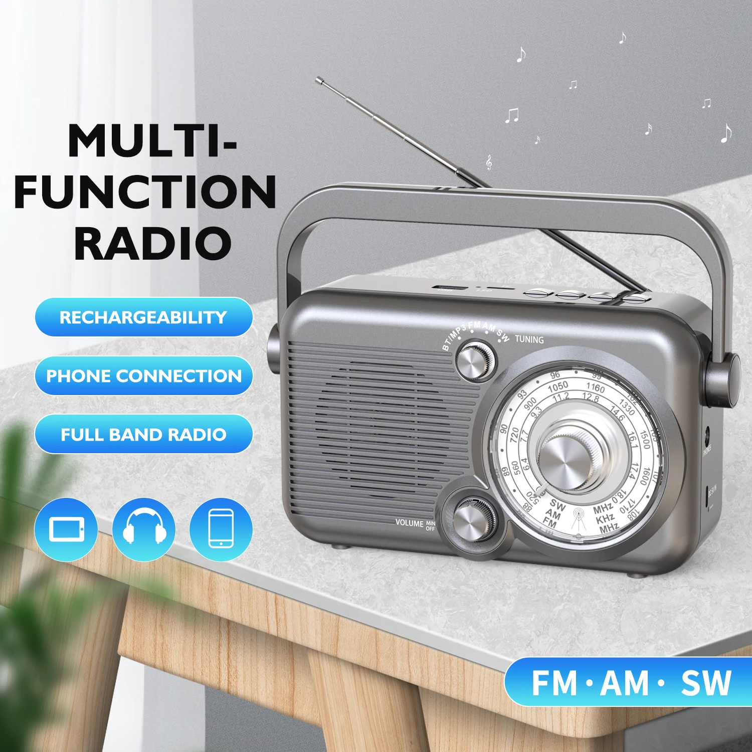 Portable multi-function radio AM/FM/SW multi-band, USB charging, TF ...