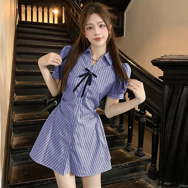 Women-Elegant-Striped-Puff-Sleeve-Shirt-Dress-Single-Breasted-Bow-Mini ...
