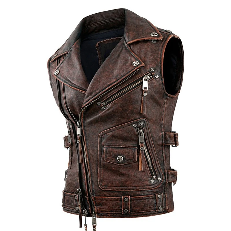 Vintage Brown Motorcycle Vests Men Natural Cowhide Genuine Leather ...