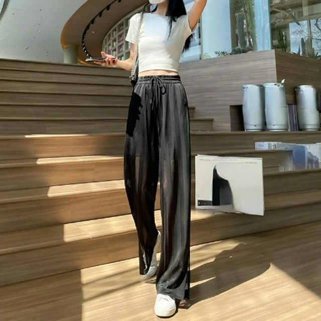 Tinomiswa 여성용 하이웨이스트 드로스트링 와이드 레그 팬츠, 단색 아이스 실크 시스루 바지, 루즈 캐주얼 카프리, 여름 신상