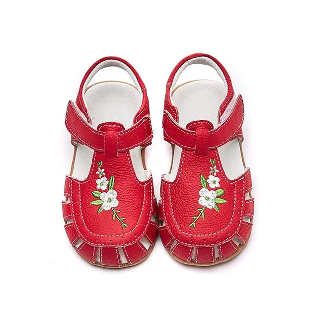 Girls-Sandals-Red-Genuine-Leather-Closed-Toe-Open-back-T-strap-Flower ...