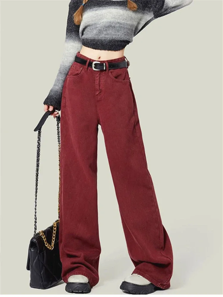Women-s-Street-Style-Wide-Leg-Red-Jeans-American-Vintage-Casual-Denim ...
