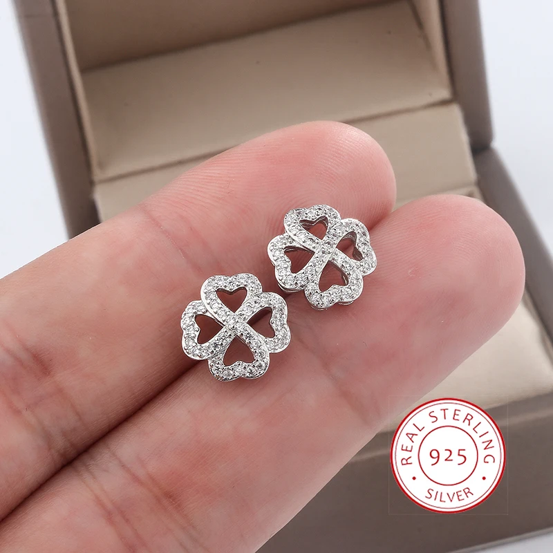 925-Silver-Plated-Earrings-for-Women-s-High-Quality-Zircon-Four-leaf ...
