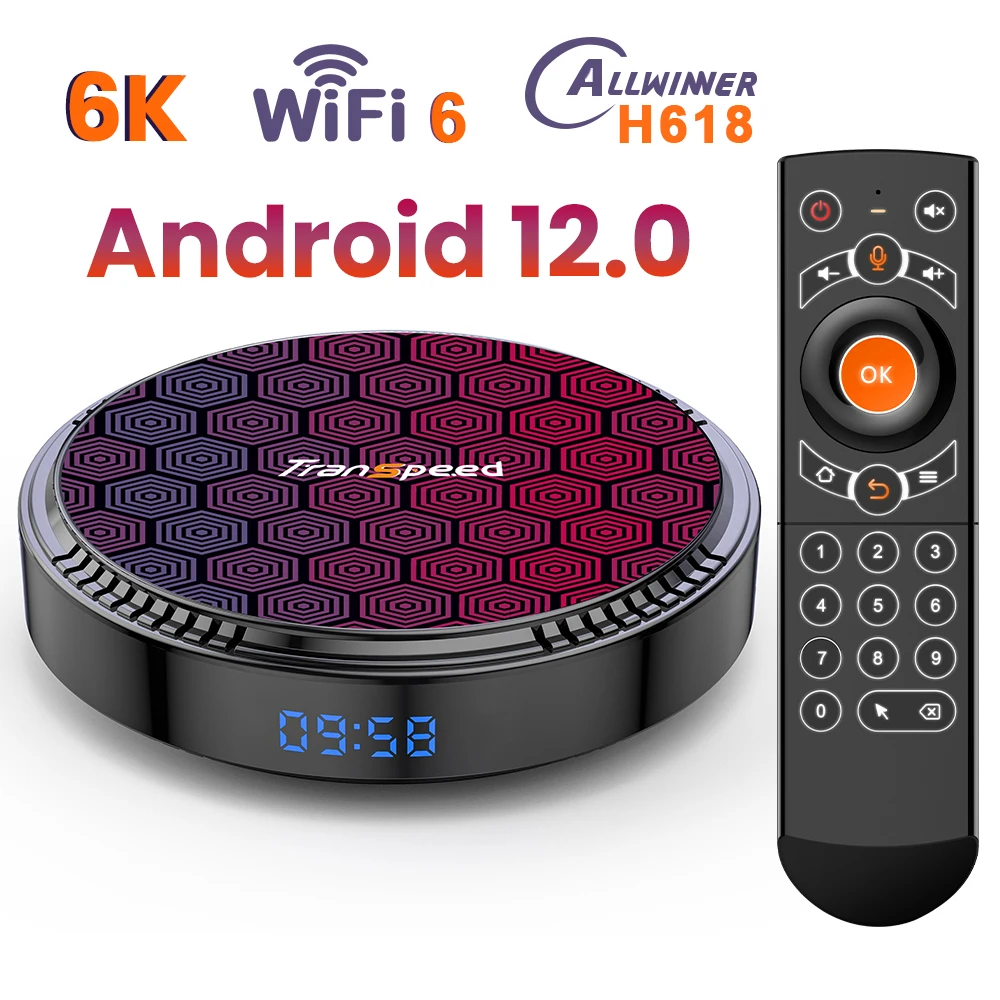 Transpeed-Android 12 TV Set Top Box, Wi-Fi 6, Assistente de Voz, Rápido, Duplo, 6, 4K, Quad Core ...