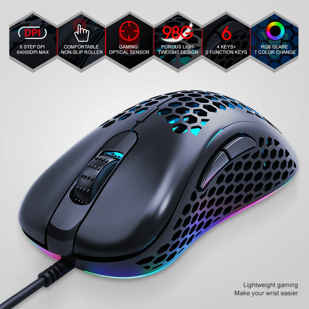 Mouse Ergonômico Incandescente com Fio, Peso Leve, USB Retroiluminado, Mouse Gamer, 6 Teclas ...