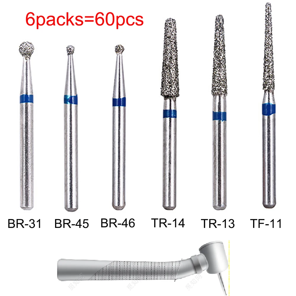 60pcs Dental Diamond Burs Drill Dentistry High Speed Handpiece Handle ...