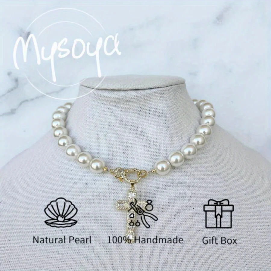 Mysoya White Freshwater Pearl Necklace Cross Pendant 10-11mm Pearl Gift ...