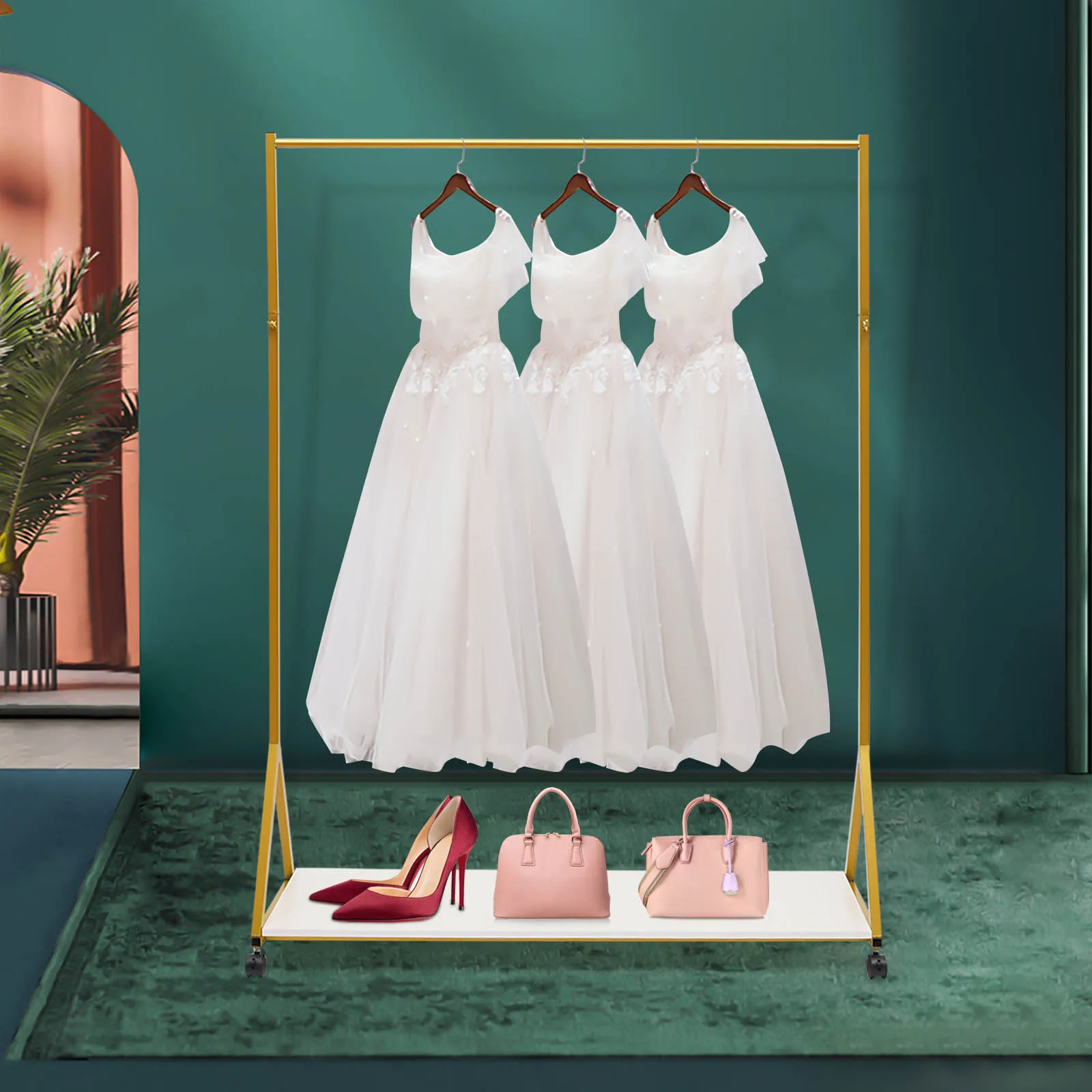 Gold-Iron-Clothing-Rack-with-Shelves-and-Universal-Wheel-Wedding-Dress ...