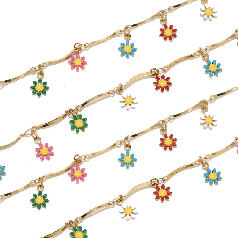 1M Stainless Steel Gold Drop Daisy Flower Charm Chains Bar Link Anklet ...