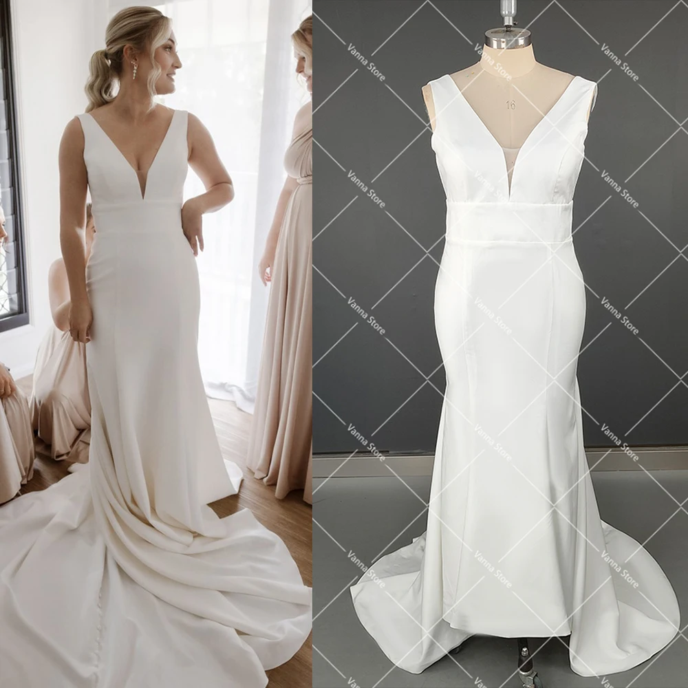 Sheath-Satin-V-Neck-Wedding-Dress-Custom-Made-Plus-Size-Sleeveless ...