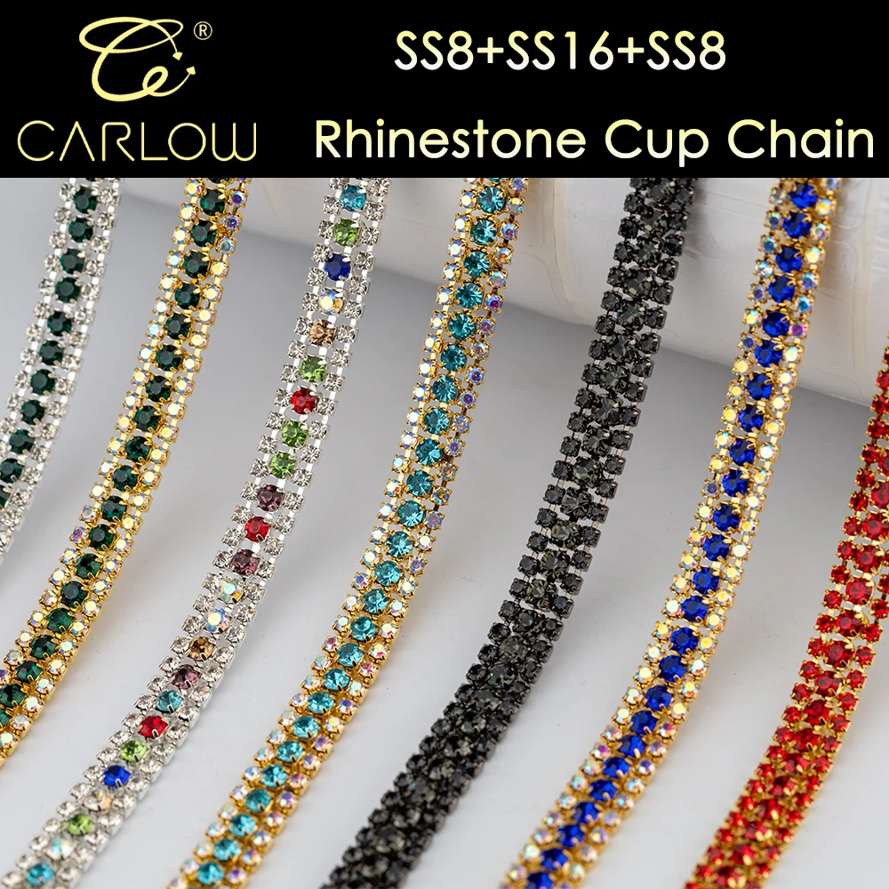 CARLOW-High-Quality-3-Rows-Rhinestone-Cup-Chain-Sew-on-Shiny-Sliver ...