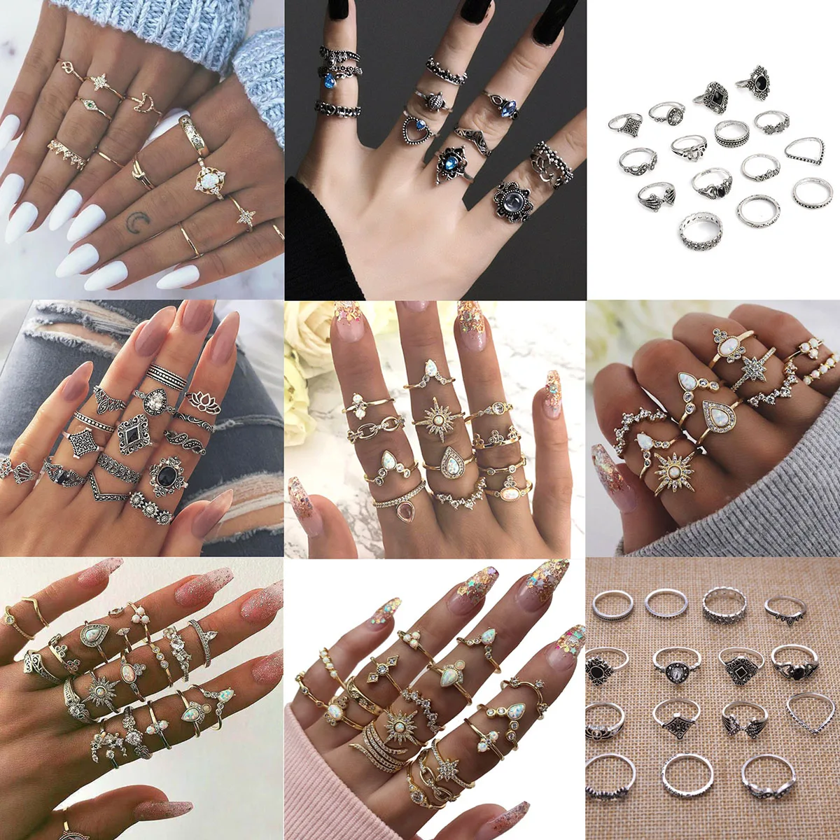 Conjunto de anillos de lujo para mujer, conjunto de anillos de nudillos articulados, anillos de ...