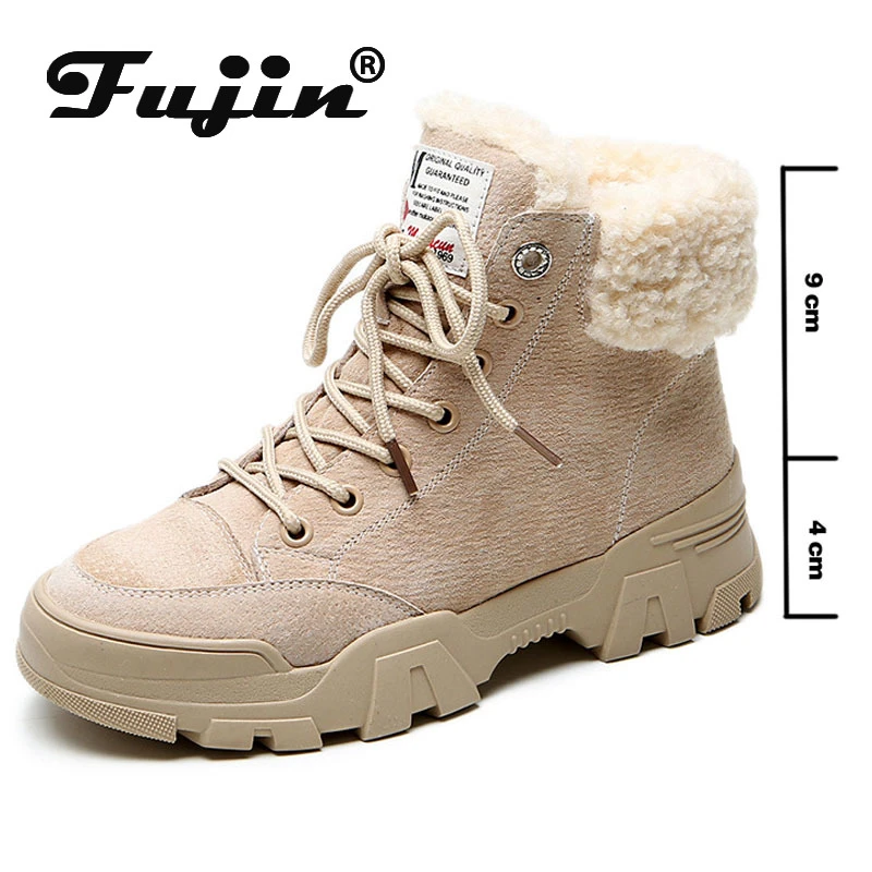 fujin women snow boots beige plush warm fur causal boots shoes sneakers ...