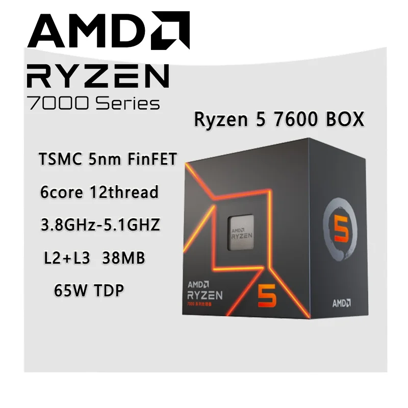 AMD Ryzen 5 7600 R5 7600 3.8 GHz 6 코어 12 스레드 CPU 프로세서, 5NM L3 = 32M ...